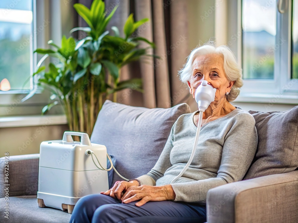 Senior lady sitting comfortably on a couch, breathing oxygen from a ...