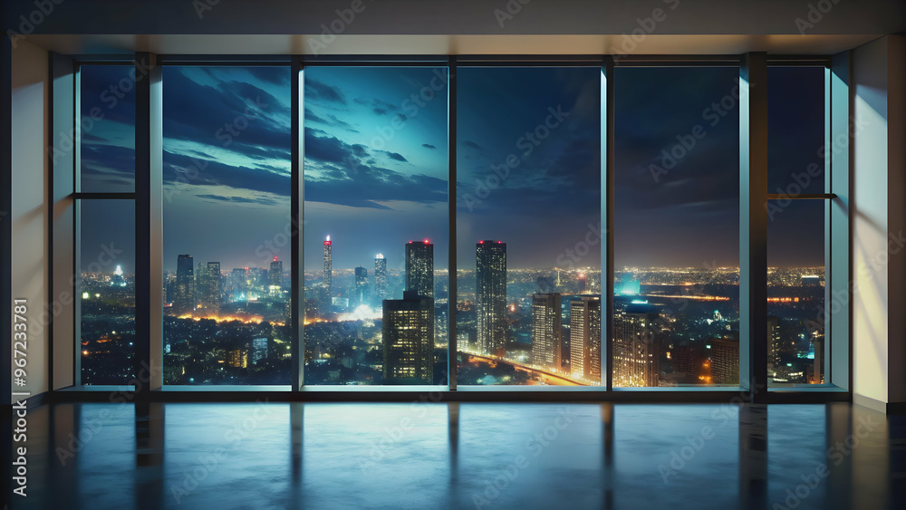 Dark room at night with city lights reflecting in window, night, room ...