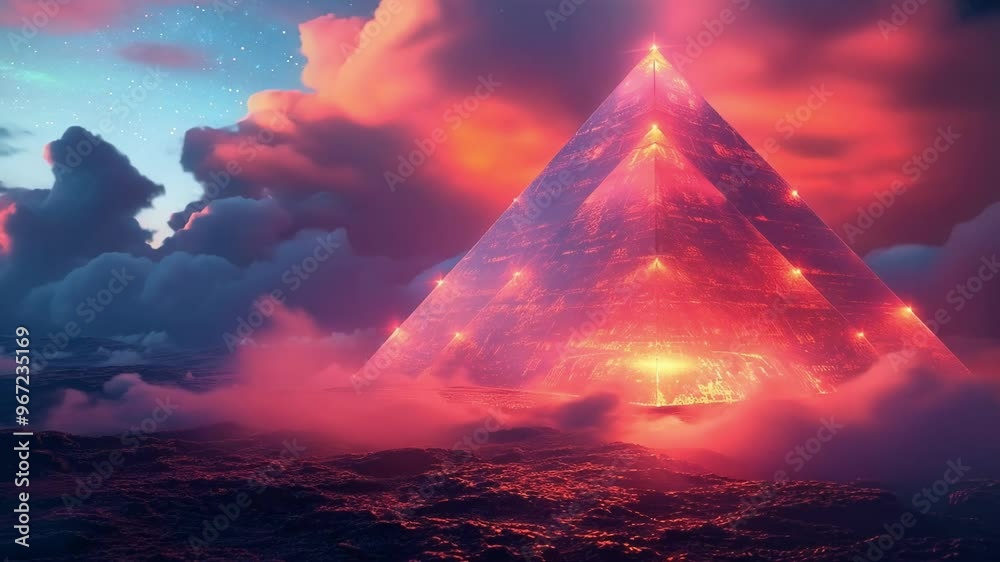 This digital art illustration shows a red glowing pyramid rising above ...