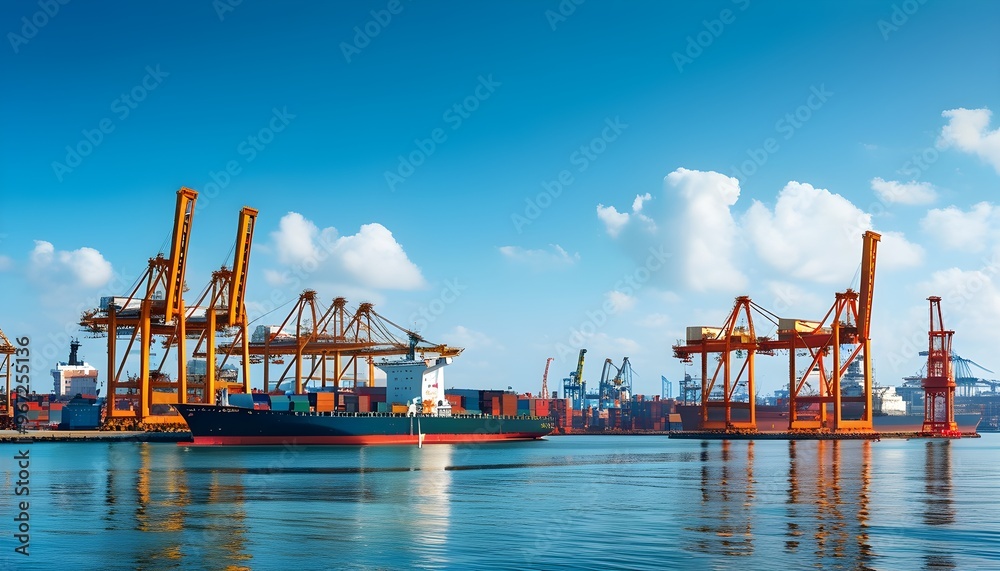 Vibrant port scene with cargo ships and cranes operating under a clear ...