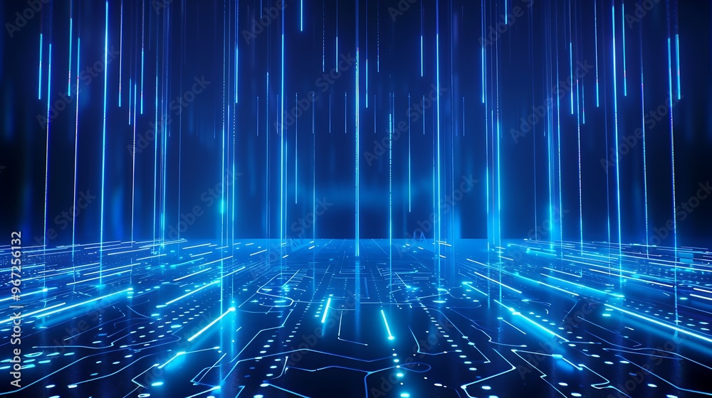 Dynamic blue digital background with vertical lines and circuit ...