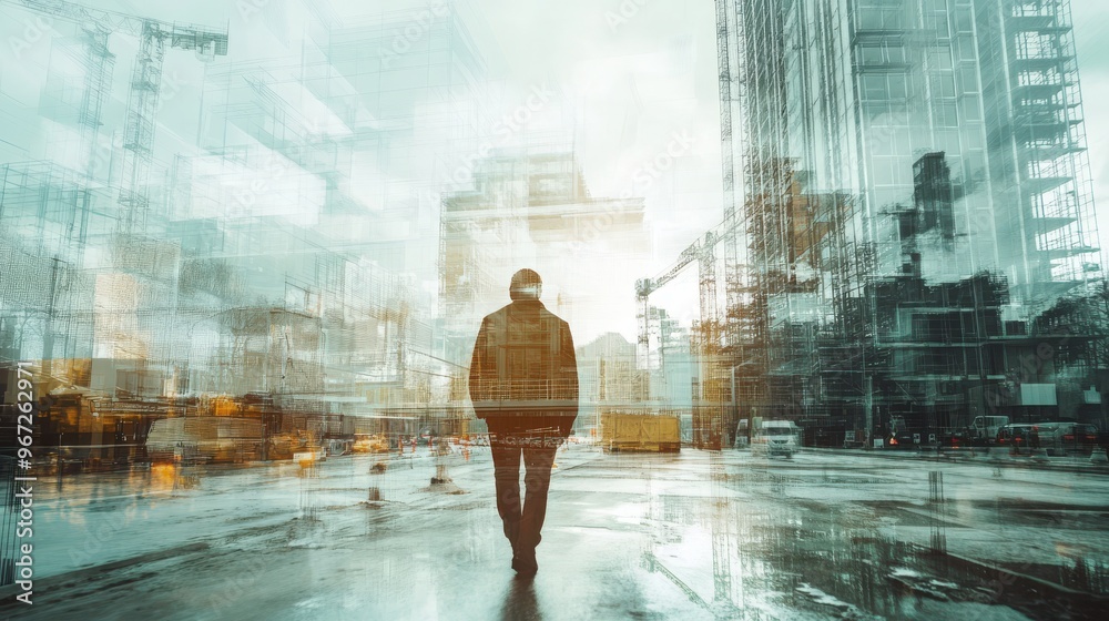 Architect navigating construction site, urban planning blueprints ...