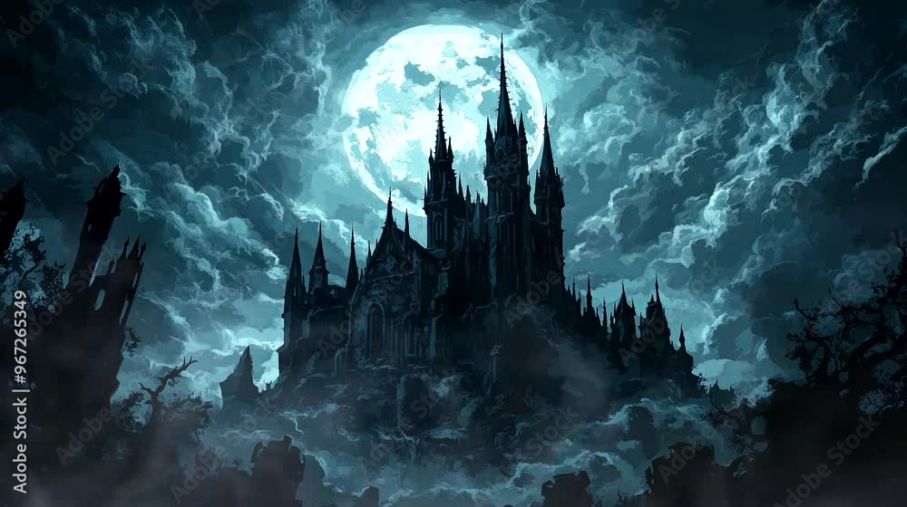 A crumbling castle, silhouetted against a dark sky, as the full moon ...