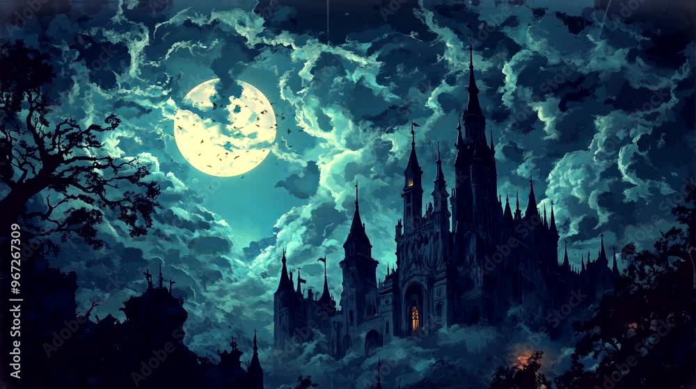 A crumbling castle, silhouetted against a dark sky, as the full moon ...