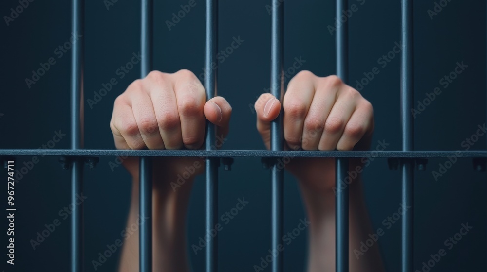 Hands gripping prison bars in dark jail cell Close-up of hands tightly ...