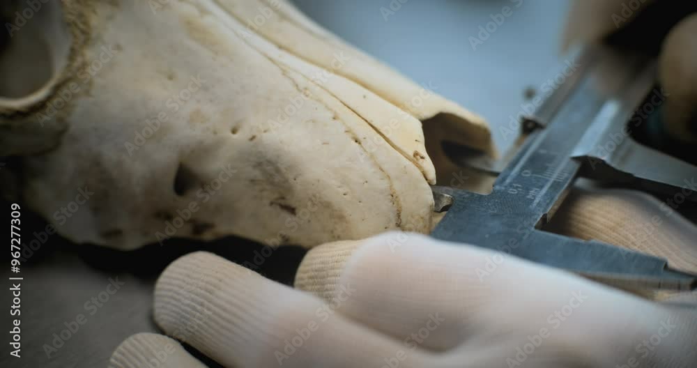 Close up shot of measuring bone of ancient human or animal using ...