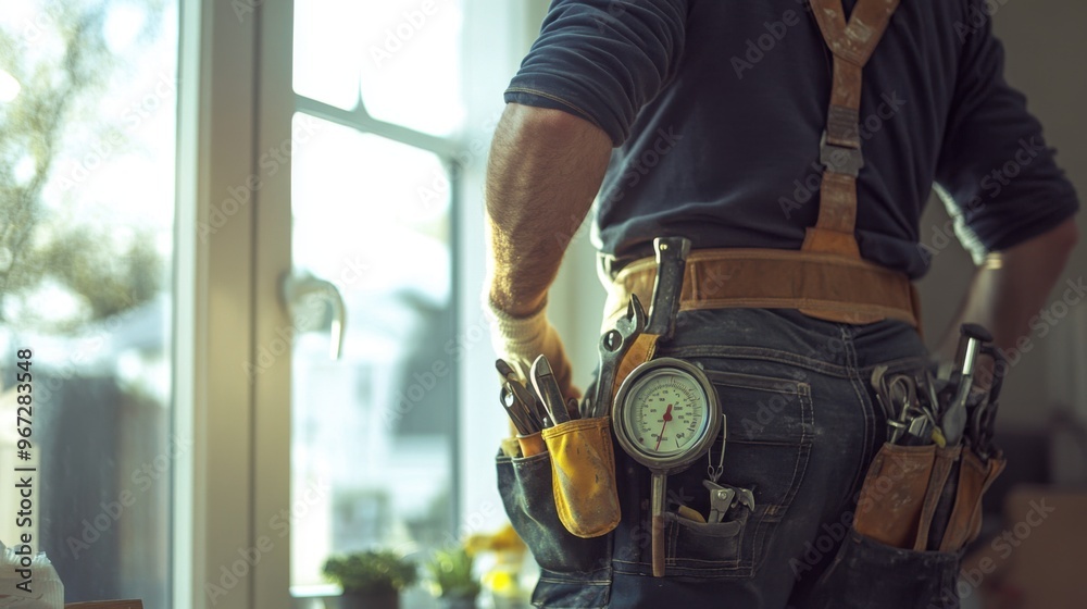 A skilled worker wearing a tool belt, standing in a sunlit interior ...