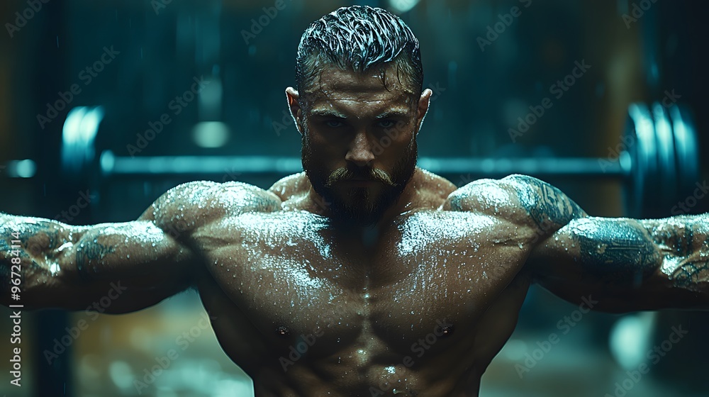 Individual engaged in a strenuous weightlifting routine, with detailed ...