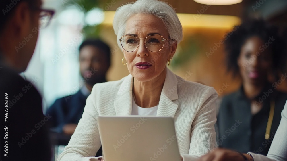 Mature older ceo businesswoman mentor in glasses negotiating growth ...