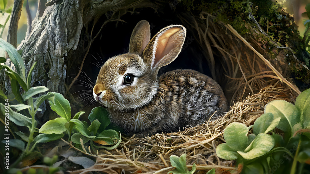 rabbit nestled in a cozy burrow, its soft fur blending with the natural ...