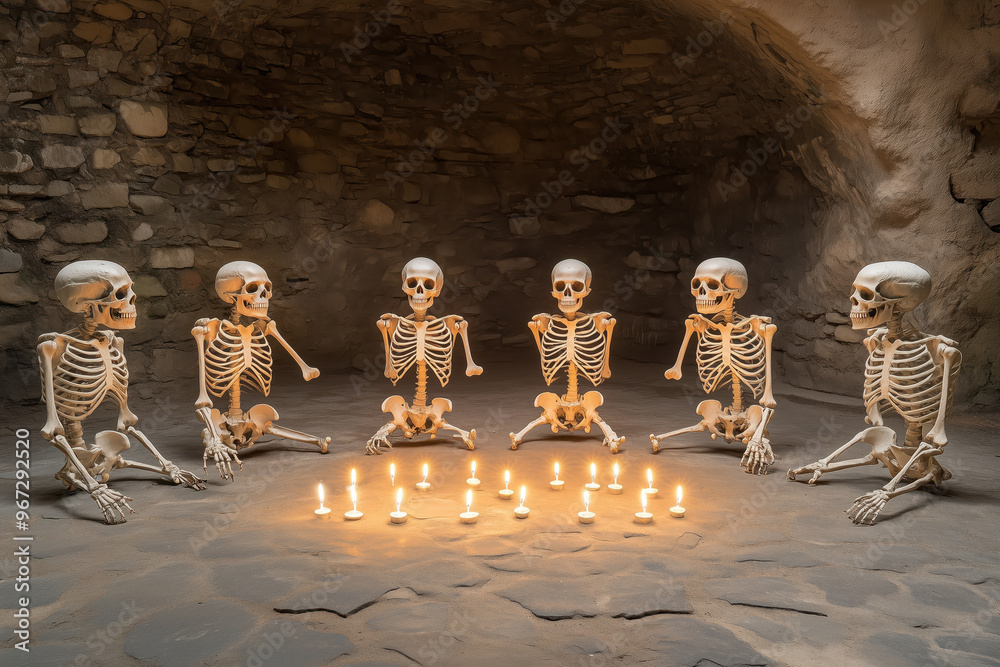 Skeleton Ritual: A haunting scene of six skeletons gathered around a ...