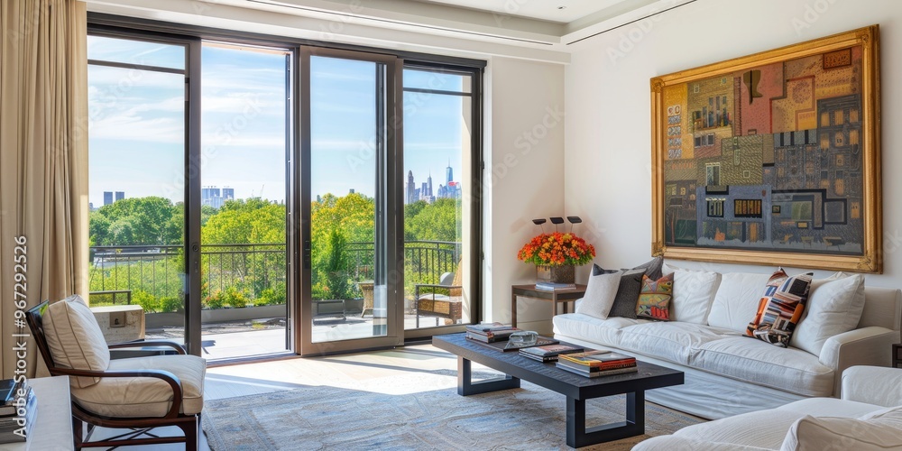Living room featuring a sliding glass door opening to a balcony ...