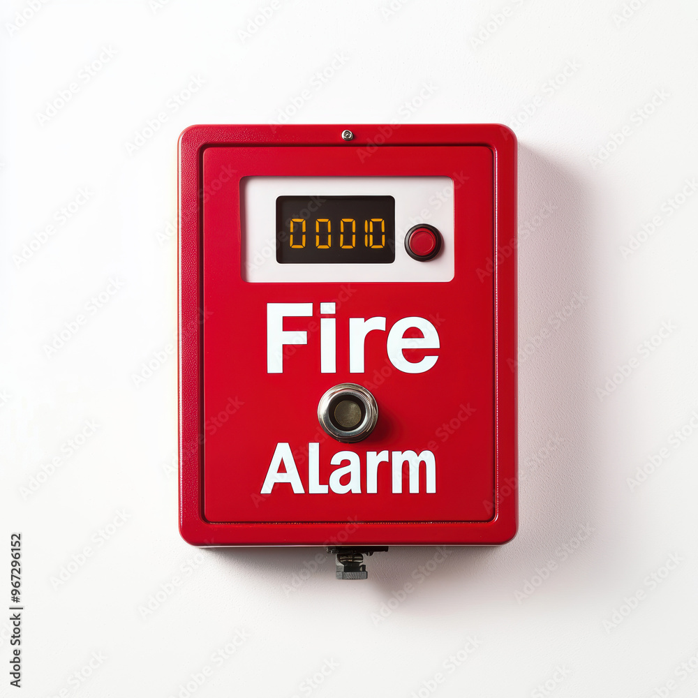 Red fire alarm box mounted on wall Close-up of a red fire alarm box ...