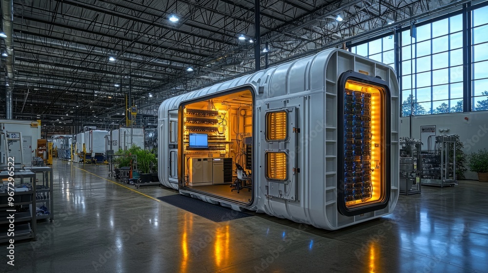 high-tech data center unit housed inside an open-door white container ...