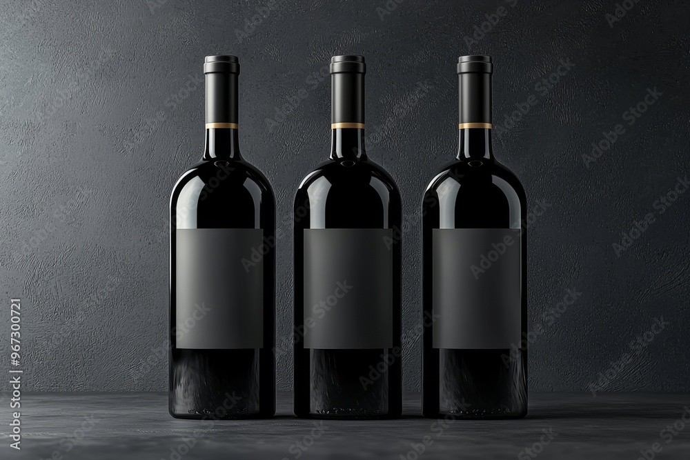 This is a 3D rendering and mockup of three black wine bottles with ...