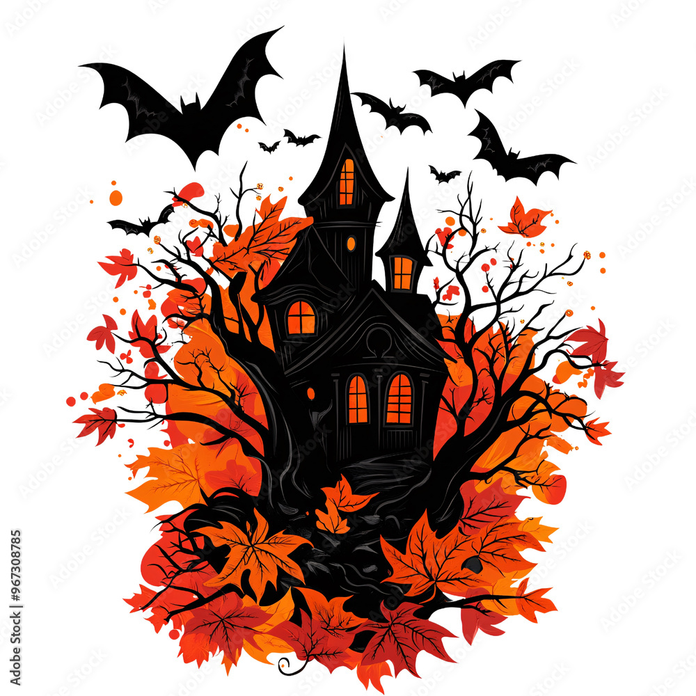 Halloween clipart spooky autumn leaves haunted house bats flying ...