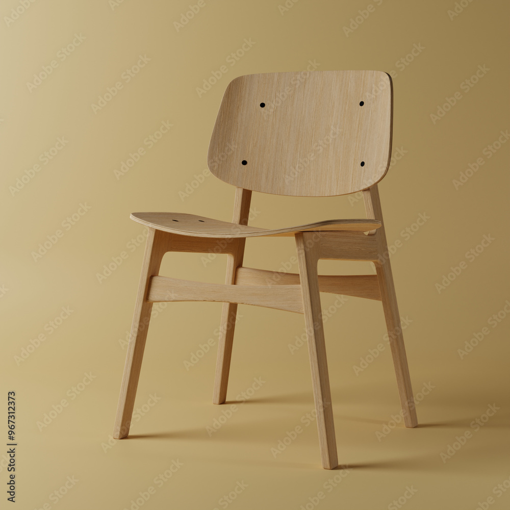 The photo shows a simple, modern wooden chair with a minimalist design ...