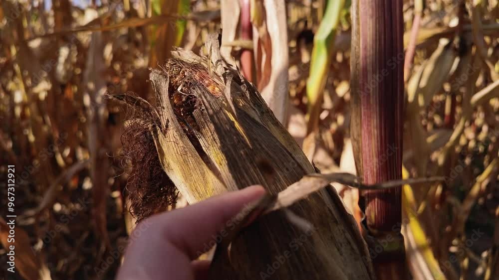 Close-up female hand showing a dry damaged corn cob with missing yellow ...