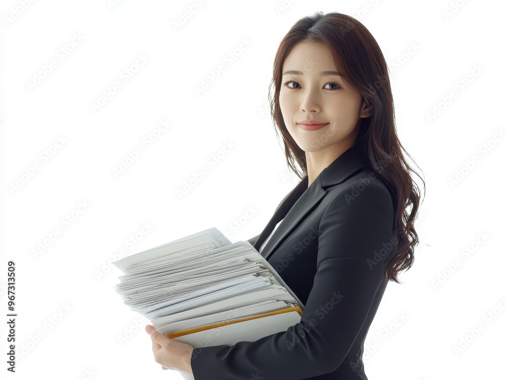 Asian woman in a fitted business suit, holding a stack of documents, pure white background ...