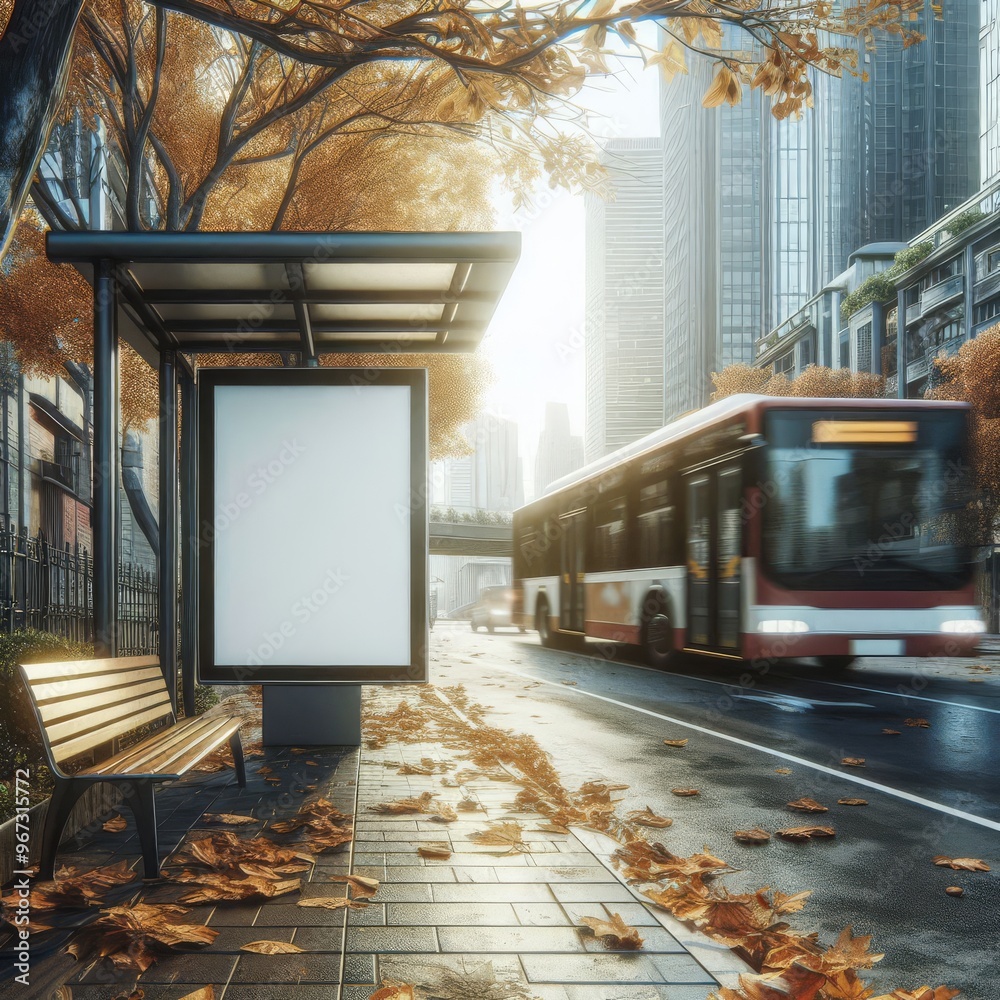 A bus stop with an empty advertising billboard in an urban setting with ...