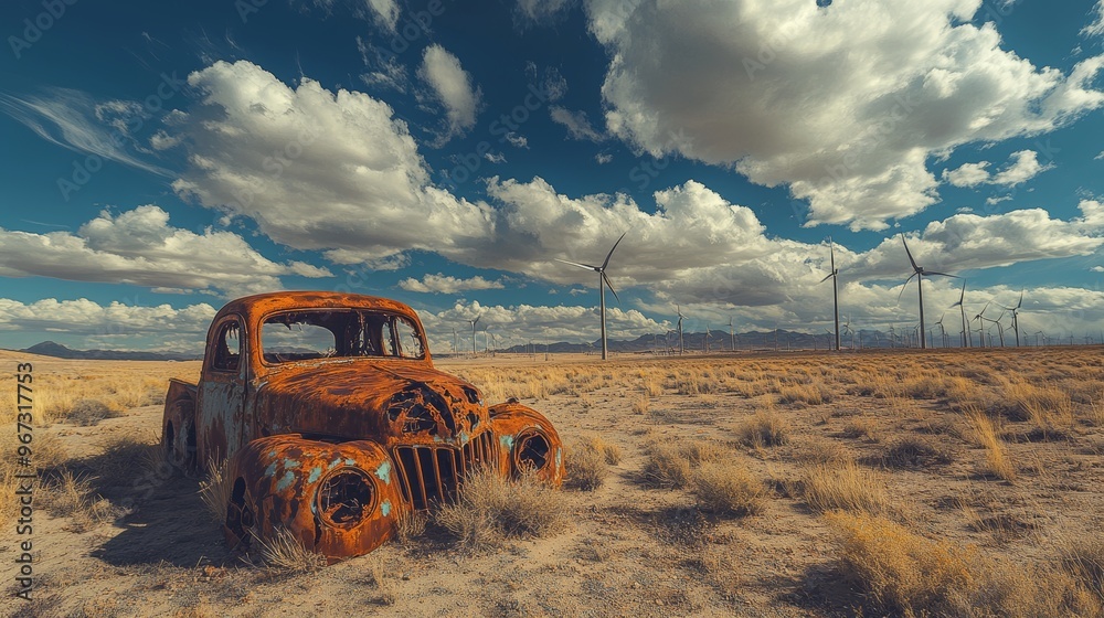 Cracked desert sands meet rusted wind turbines, their corroded surfaces ...