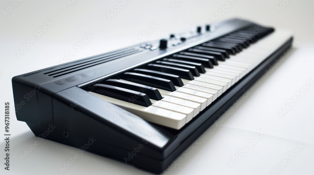 A sleek black keyboard with white keys, perfect for music production ...