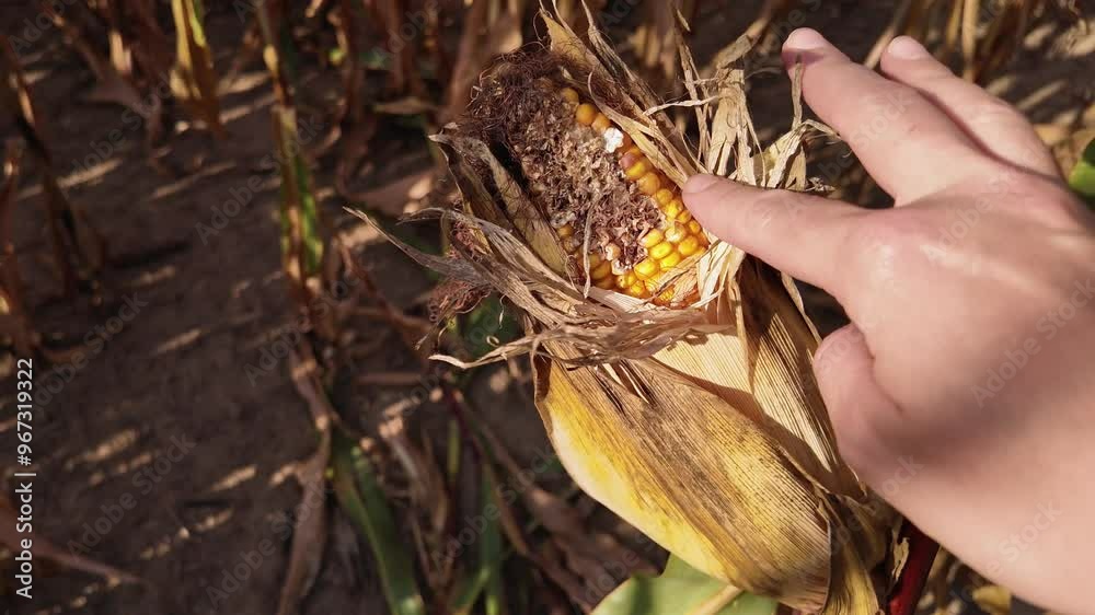 Close-up female hand showing a dry damaged corn cob with missing yellow ...
