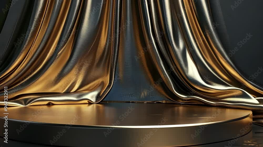 Elegant gold podium with shimmering curtains showcasing a presentation ...