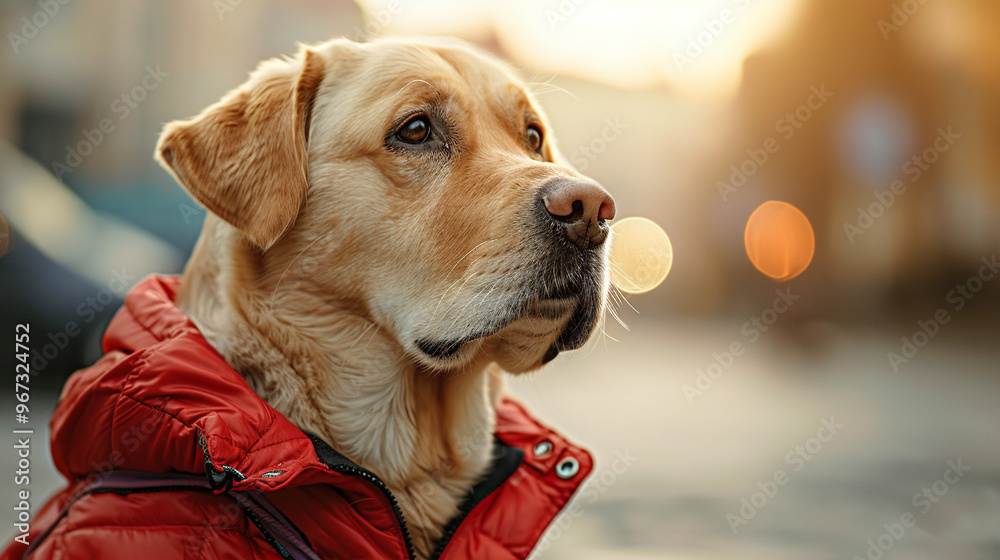 guide dog wearing red jacket , service dog with bluer effect background ...