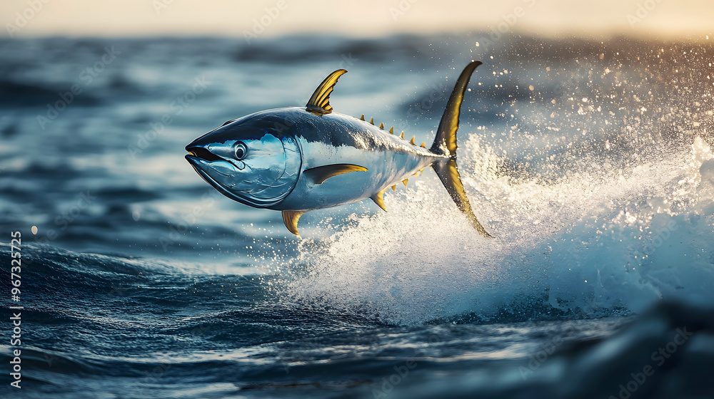 tuna fish breaking the surface of the water, mid-leap, with the ocean ...