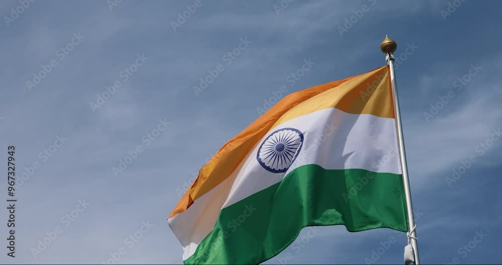 Indian flag fluttering against blue sky. Video flag of India, national ...