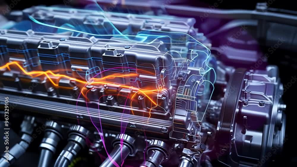 Powerful car engine with colorful holographic details showcases ...