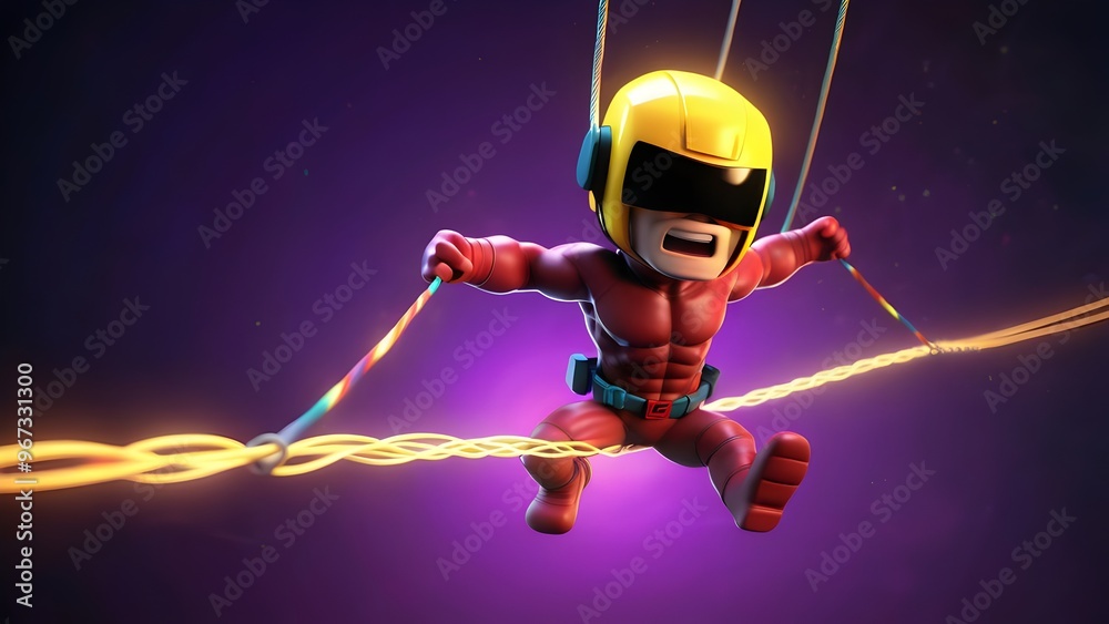 A fiber optic cable character swinging across the scene on a rope made ...
