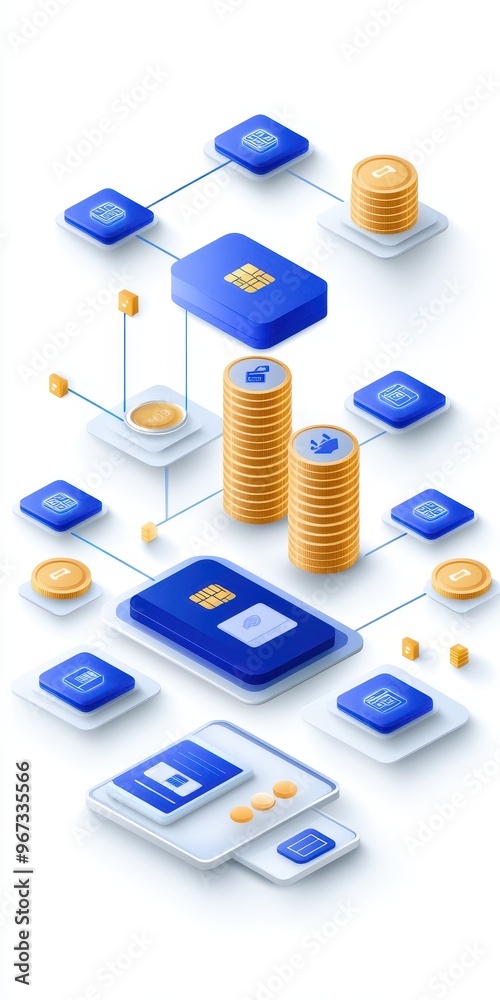 Modern financial technology illustration with stacks of coins, digital ...