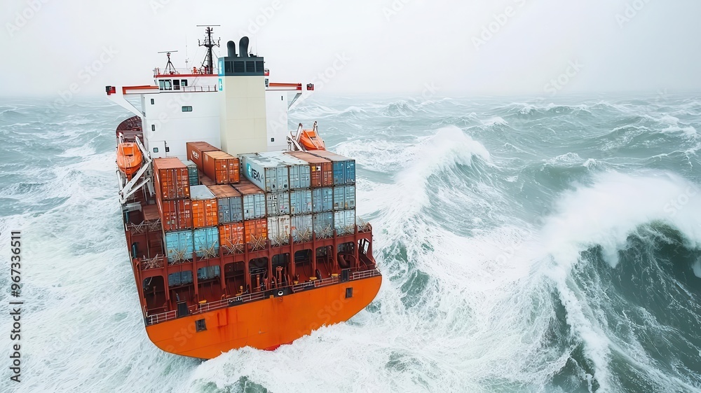 Cargo ship navigating through rough seas with towering waves, Maritime ...