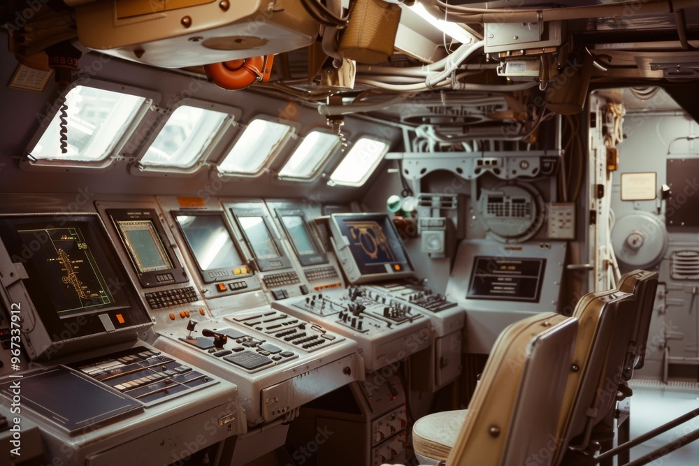 A sophisticated control room decked with numerous screens, dials, and ...