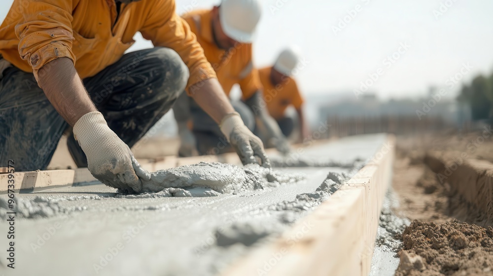 Construction workers laying cement for a bridge foundation, Cement ...
