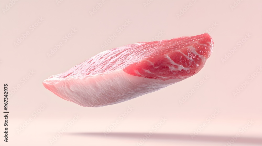 38. **A 3D render of a juicy swordfish steak falling, its meaty texture ...