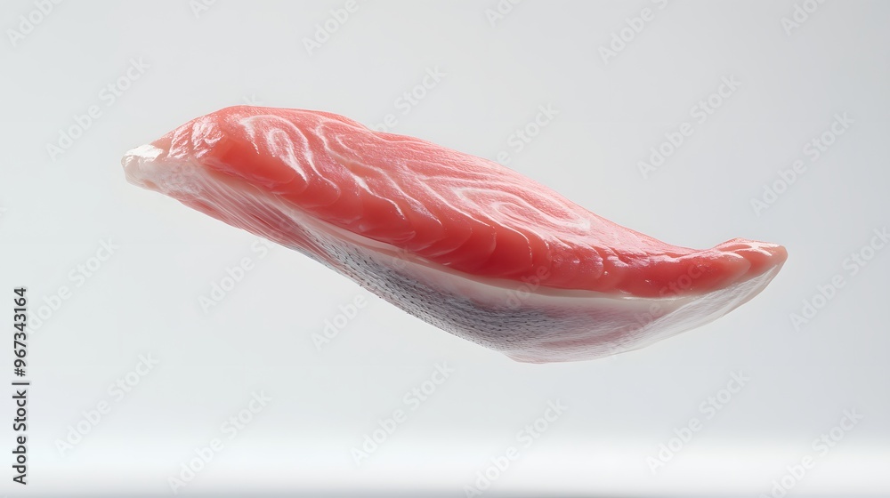 38. **A 3D render of a juicy swordfish steak falling, its meaty texture ...