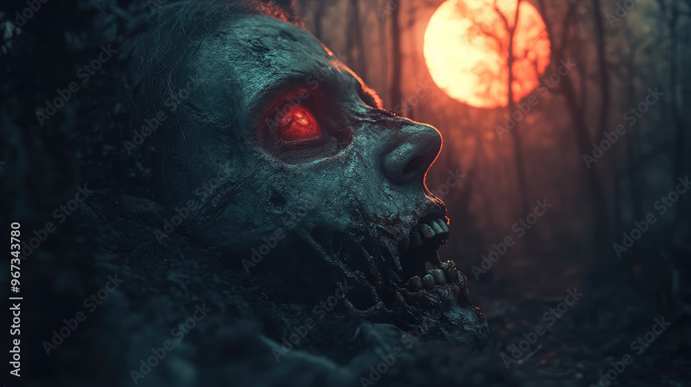 Eerie zombie face with one eye bulging, skin decayed and torn ...