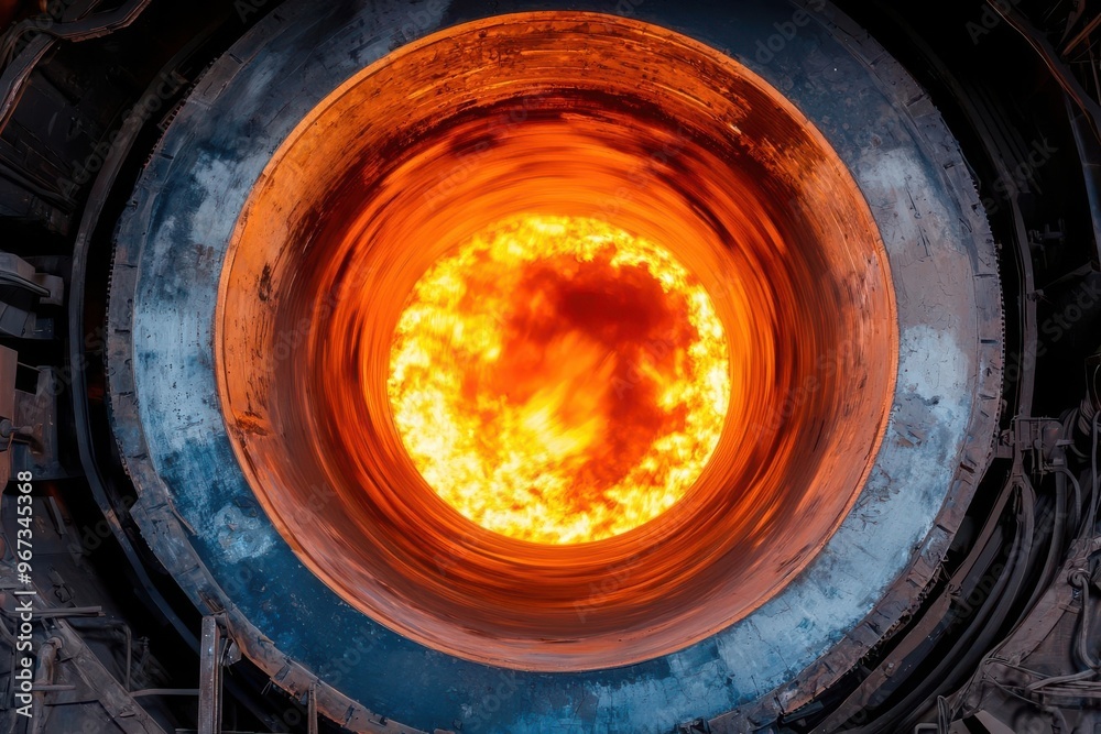 Massive rotating kiln glowing red-hot as it processes materials, Cement ...