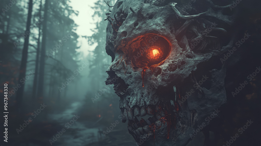 Sinister, decayed zombie face with blood dripping from its mouth and ...