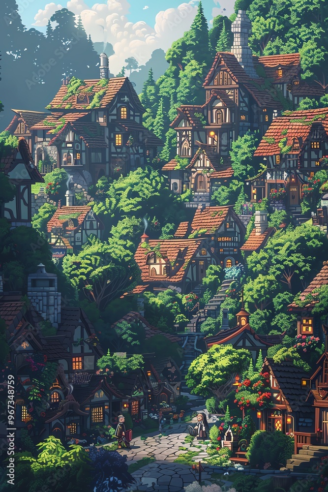 2D pixel art fantasy village with quaint cottages, lush greenery, and ...