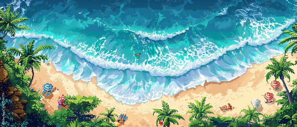 2D pixel art of a beach scene, with animated waves, palm trees, and ...