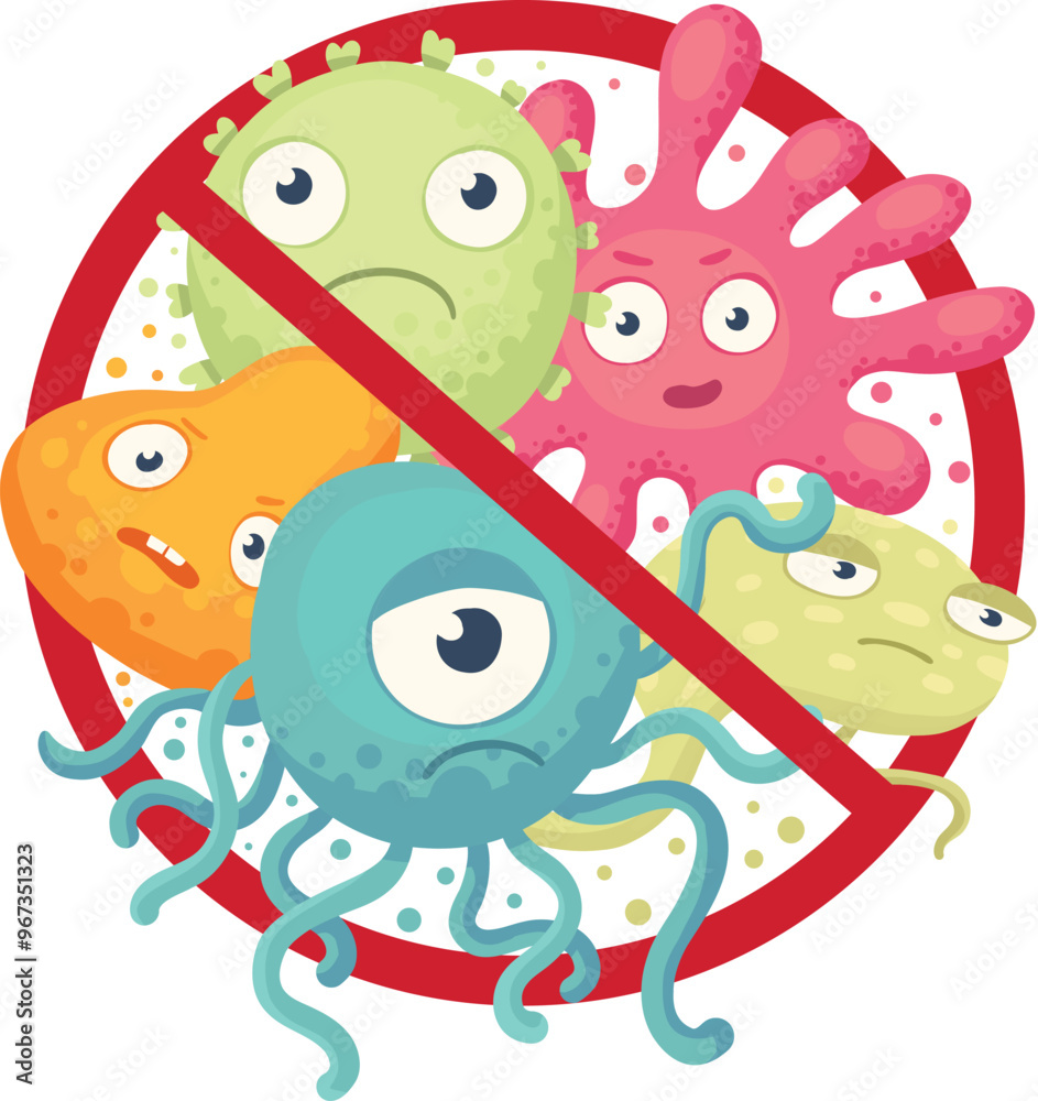 Bacteria in prohibition sign. Comic crossed out microbes and viruses ...