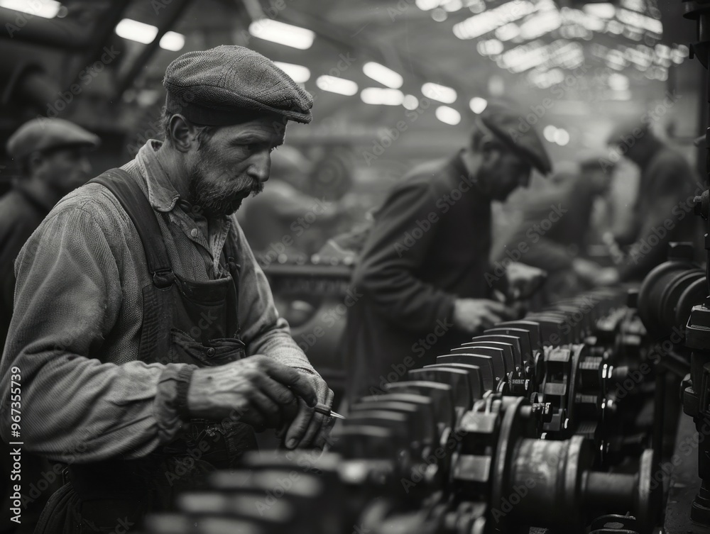 Black and white illustration of workers in flat caps and overalls ...