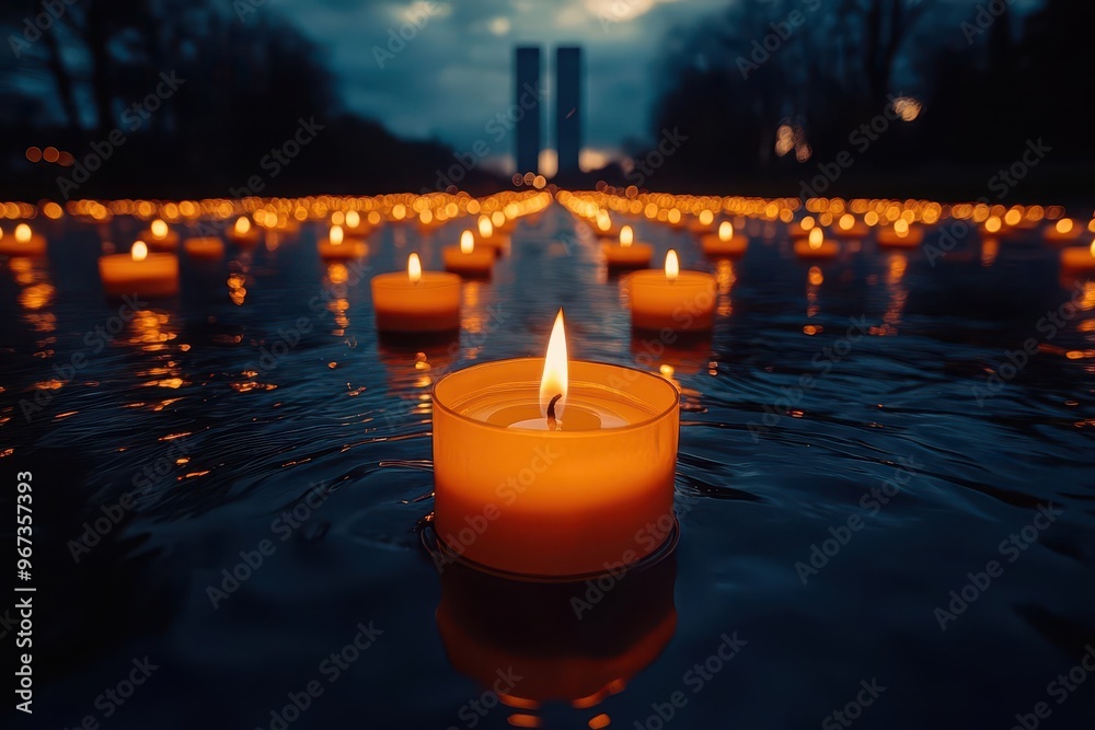 Photo Art Print rows of flickering candles forming twin tower silhouettes against night sky sole julija