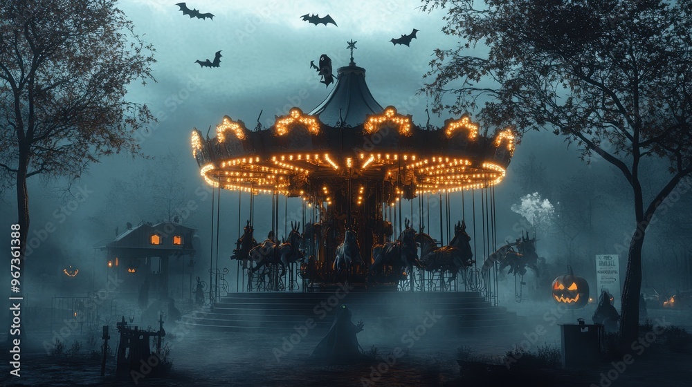 Eerie Carousel Ride in the Haunting Mist of Halloween Night Stock ...