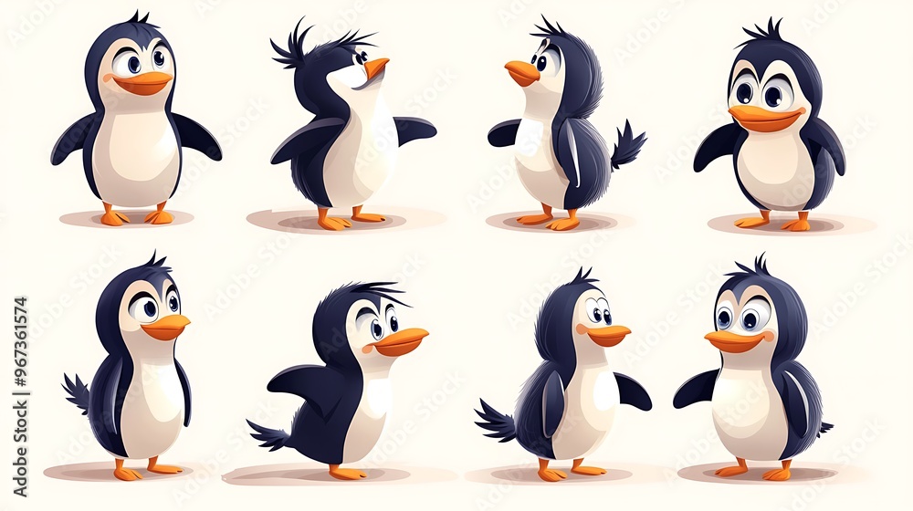 A delightful variety of cartoon penguins in playful poses, dressed in ...