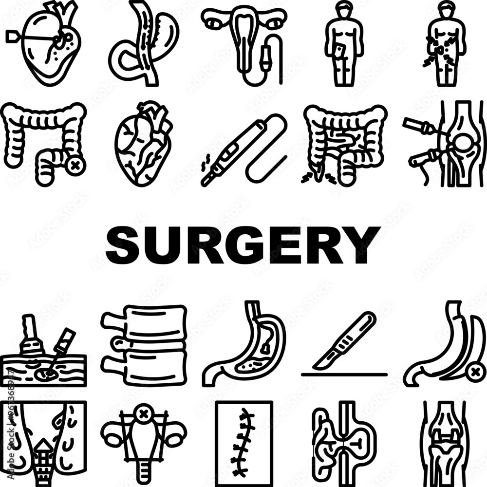 surgery medical operation icons set vector. procedure anesthesia ...